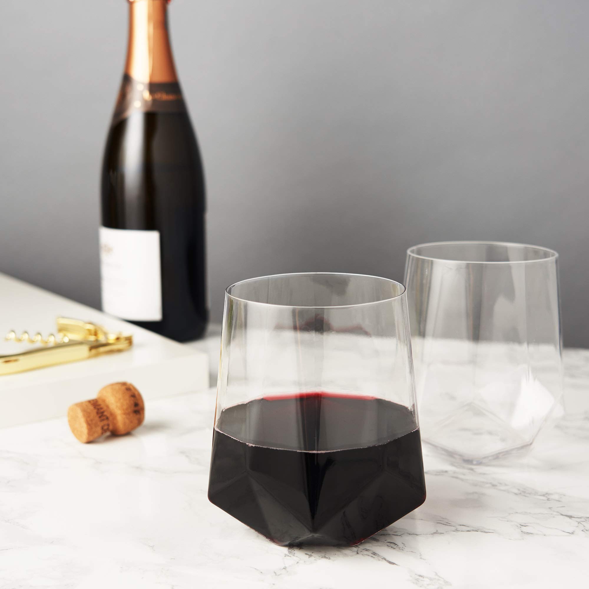 Viski Raye Faceted Crystal Wine Glasses Set of 2, No-Lead Premium Crystal Clear Glass, Modern Stemless, Wine Glass Gift Set, 20 oz