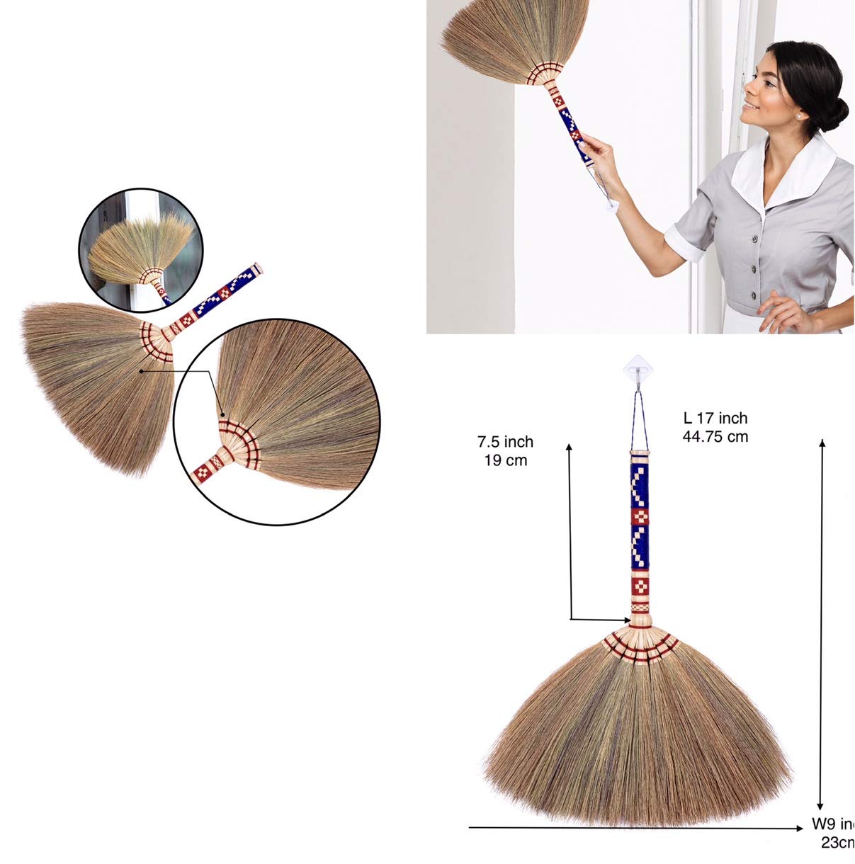 SKENNOVA - 17 inch Tall of Thai Vintage Dusting Brush Broom Asian Grass Broom for dusting Dirt and dust