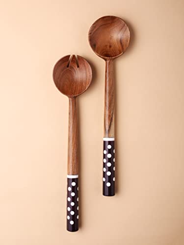 YoTreasure Tiramisu Black & White Dotted Resin Wood Salad Server Set | Wooden Utensils for Serving Salad, Spoon and Fork Set for Modern Kitchen