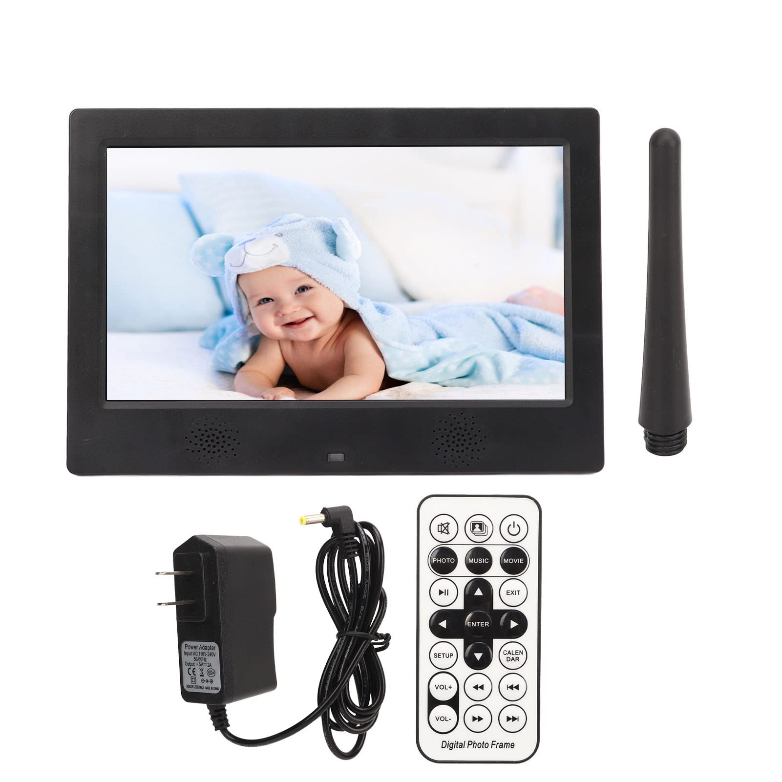 Smart Digital Photo Frame Adjustable Brightness Black Electronic Album Video Music Remote Control 100β240V 10 Inch with Clock Calendar for Bedside Table (US Plug)