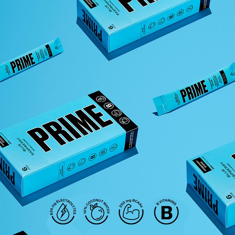 PRIME HYDRATION+ Sticks Blue Raspberry | Hydration Powder Single Serve Sticks | Electrolyte Powder On The Go | 250mg BCAAs, B Vitamins, Antioxidants | Low Sugar | Caffeine-Free | Vegan | 6 Sticks