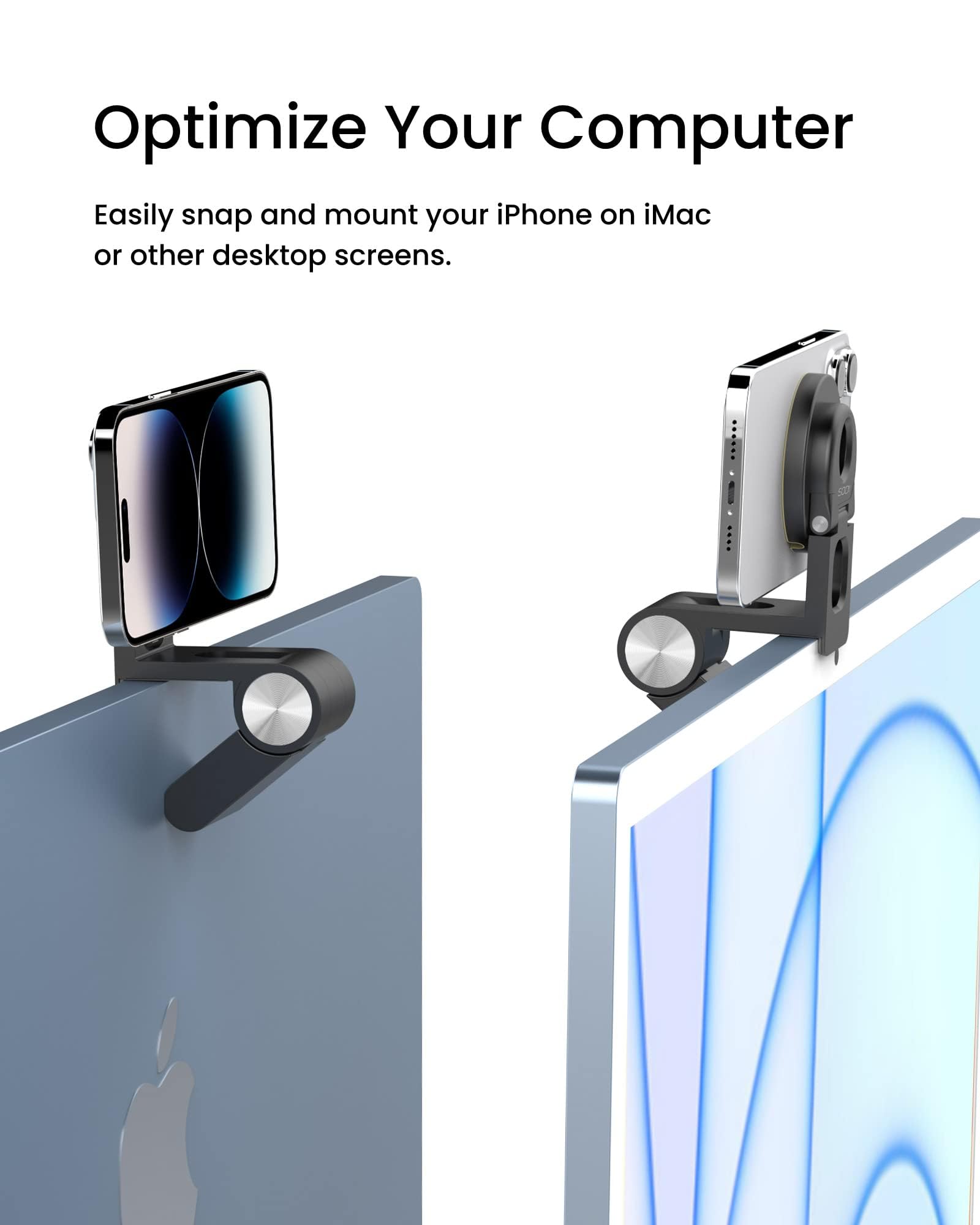 SODI Continuity Camera Mount for Desktop Monitor & iMac - iPhone Webcam Mount for MacBook with Mag-Safe Compatible, Tilt for Desk View, Magnetic Phone Stand for iPhone 15/14/13/12, Mac OS Ventura
