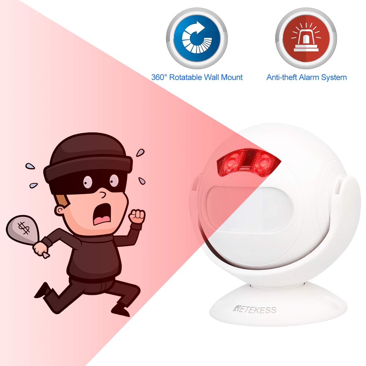 Retekess TD107 Motion Sensor Alarm,Wireless Infrared Home Security System,4-Level Volume Adjustment,9 Chime Tunes,PIR Detector for Home,Shop,Store