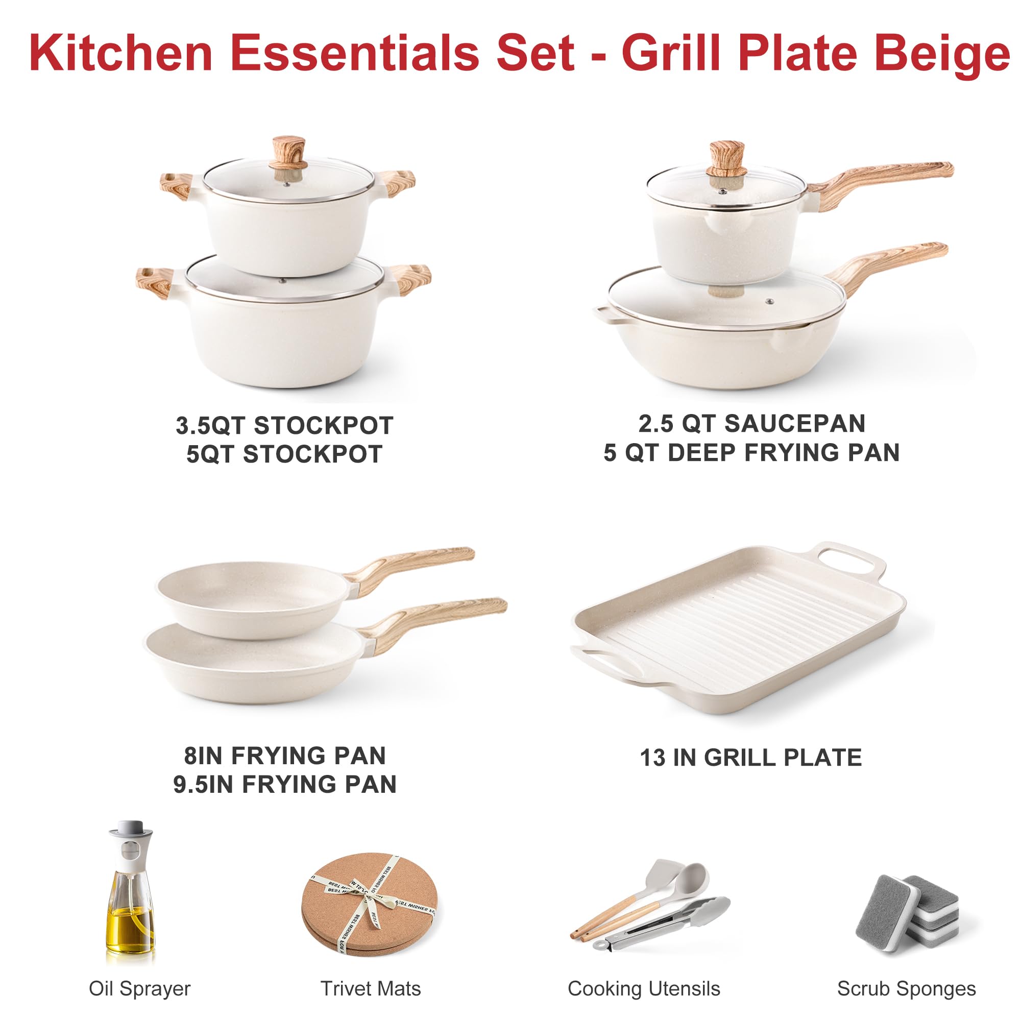 Pots and Pans Set - Caannasweis Nonstick Granite Stone Cookware Sets, Induction casseroles & Saucepan & Frying Pans for Cooking, PFOS PFOA Free, Grill Plate Gray