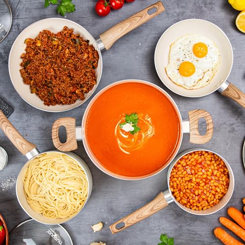 Pots and Pans Set Non Stick – Induction Hob Pot Set with Lids– 8pcs Kitchen Cookware Sets – Cooking Cream Granite Saucepan Pots and Frying Pans – by Nuovva