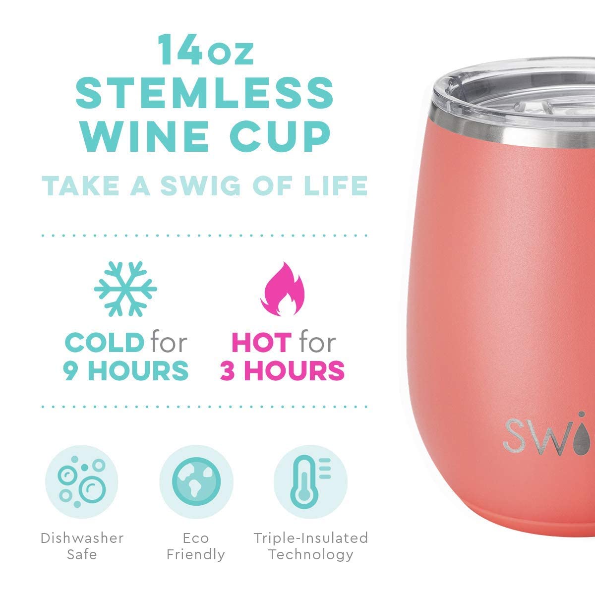 Swig Life Matte Coral AM+PM Gift Set, Includes (1) 18oz Travel Mug + (1) 14oz Stemless Wine Tumbler, Triple Insulated, Stainless Steel, and Dishwasher Safe
