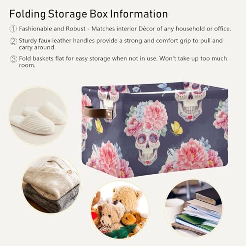 Skull Peony Flowers Storage Basket Bins Foldable Toy Baskets Organization with Handles Laundry Hamper for Living Room Clothes Nursery Closet Shelf Playroom,2 pcs