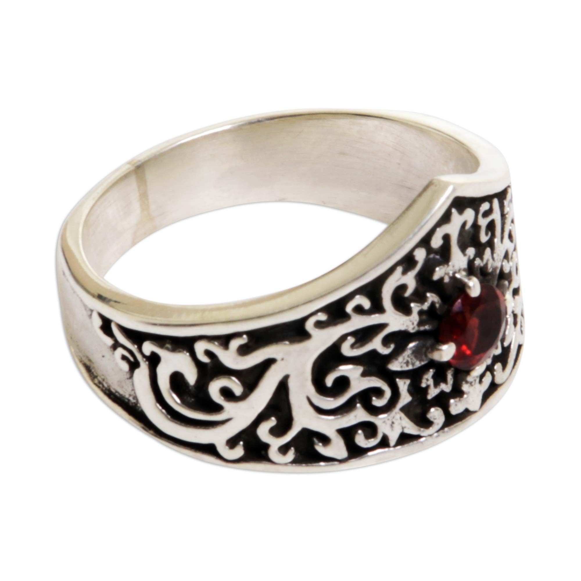 NOVICA Artisan Handmade Garnet Band Ring .925 Sterling Silver from Indonesia Aurora Birthstone 'Red Crown'