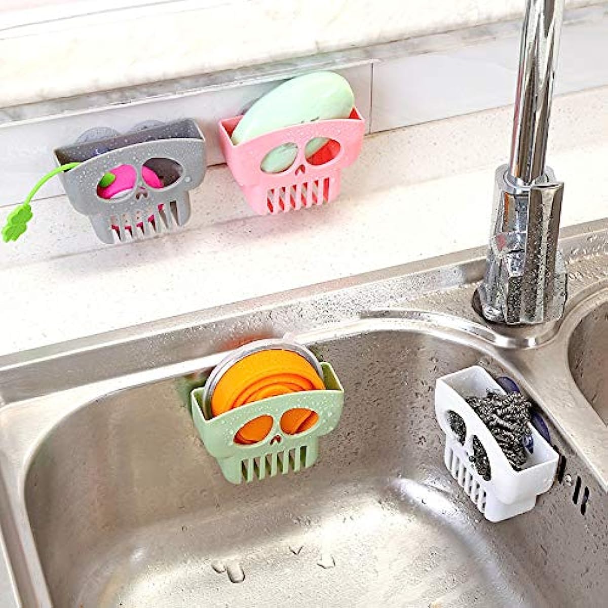 Skull Shape Sponge Holder Drain Rack for Kitchen Sink Suction Cup Plastic Brush Caddy Storage Box Shelf Liquid Creative Drainer (Gray)