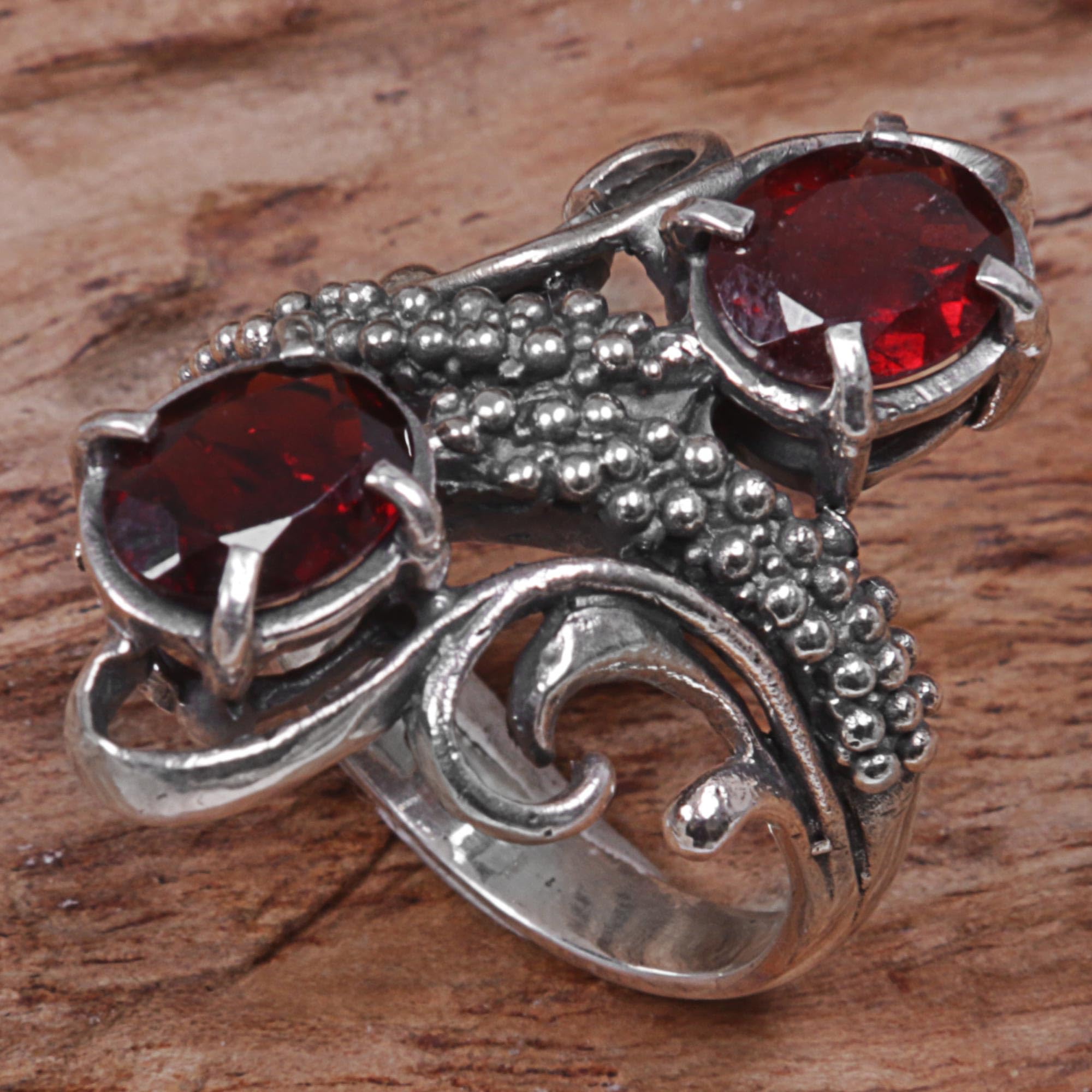 NOVICA Artisan Handmade Garnet Cocktail Ring from Indonesia Sterling Silver Red Multi Stone Aurora Birthstone [ring Front 1.3 in H x 0.9 in W x 0.3 in D Band Width 4 mm W] ' Magical Union in Red'