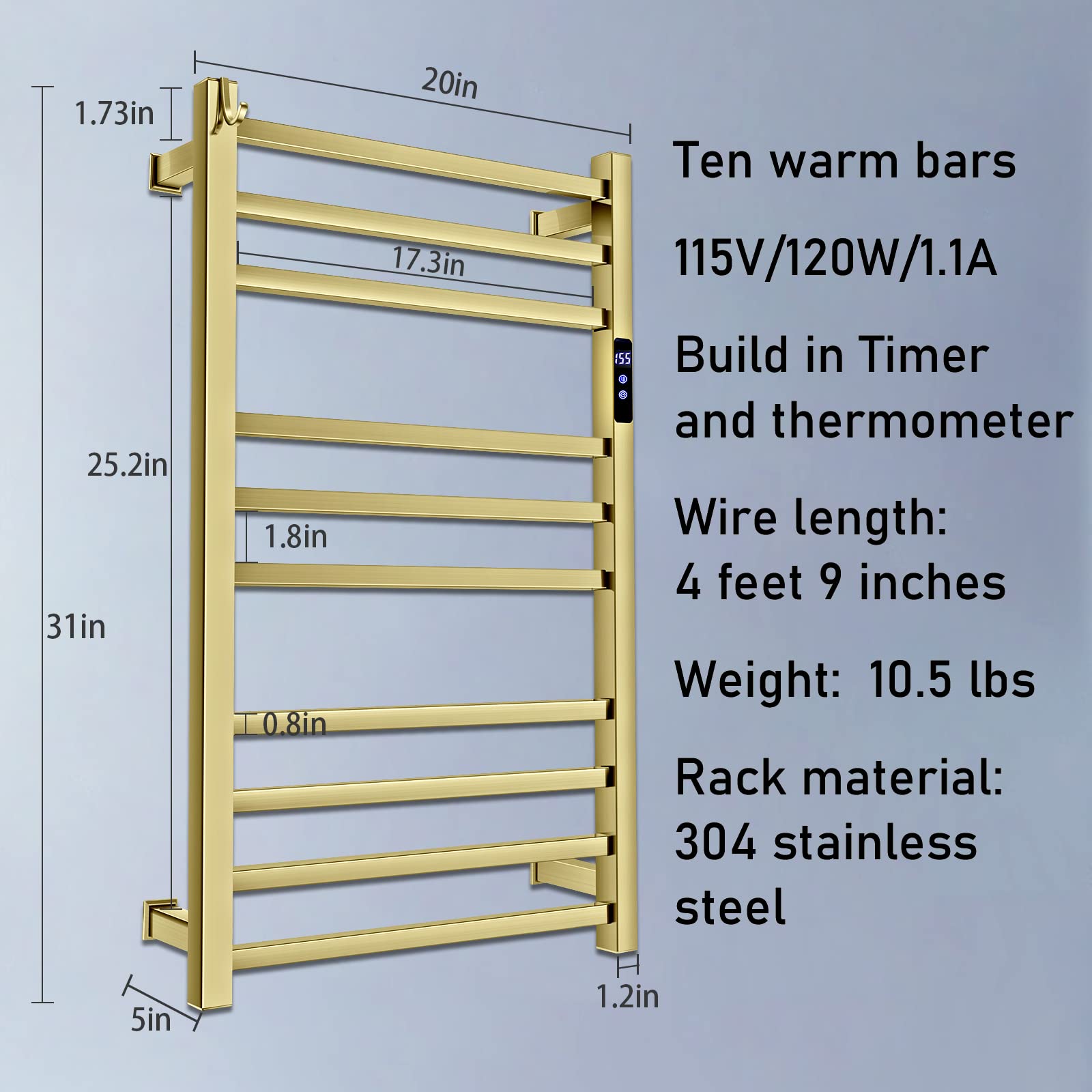 TWCC Towel Warmer Rack for Bathroom with Timer/Fahrenheit Temperature Control Wall Mounted Electric Heated 10 Bar Rail Plug-in or Hardwired Keep Bath Shower Towel Warming (Brushed Gold)