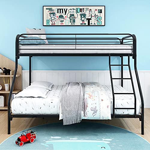 Prohon Metal Bunk Bed Twin Over Full Size with Enhanced Upper-Level Guardrail,Removable Stairs, Heavy Duty Sturdy Frame Space-Saving Design Bunkbeds for Teen Adults, No Box Spring Needed, Black