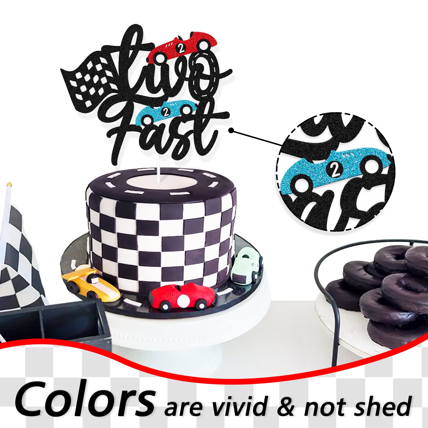 Two Fast Cake Topper Racing Car Chequered Flag Themed Happy Birthday Party Supply for Boys Girls Kids 2nd Second Two Bday Cake Decoration