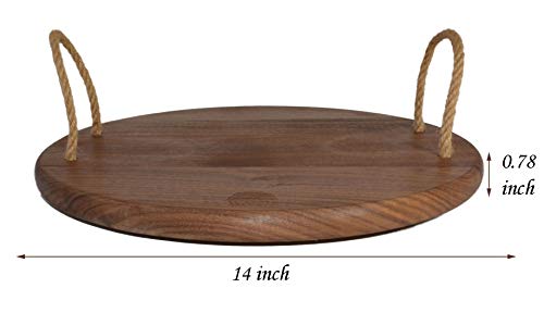 WALUX Organic Black Walnut Wood Cheese Board with Handle (14"), Charcuterie Platter & Serving Tray for Wine, Crackers, Brie and Meat. Rustic Black Walnut Serving Board, Round Cheese Board
