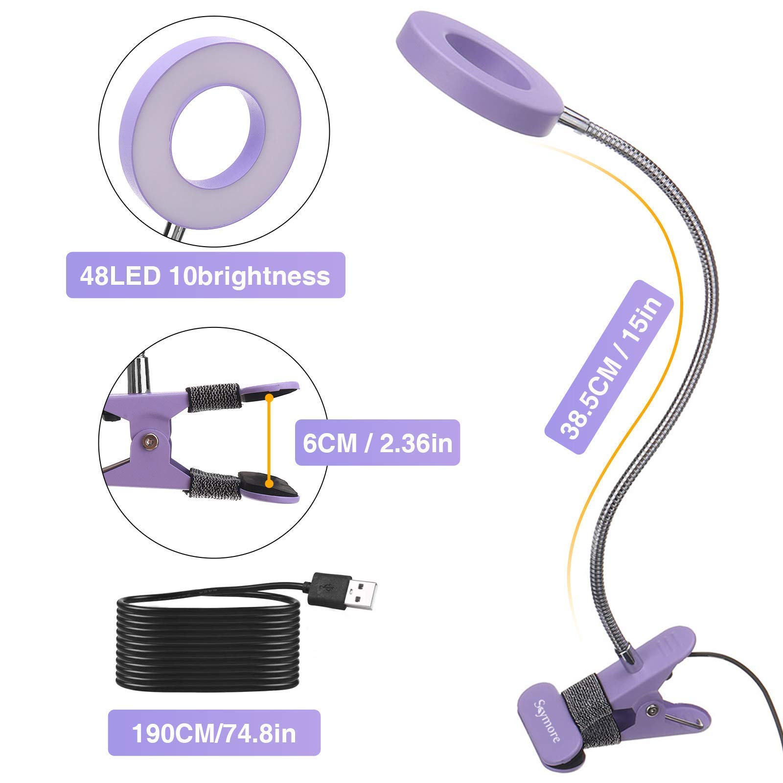 Skymore Clip on Light Reading Lights, 48 LED USB Book Light with 3 Color Modes, 10 Brightness Dimmer & 360° Flexible Gooseneck Bed Night Light, Eyelash Lamp for Makeup, Nail Art, Tattoo, Manicure