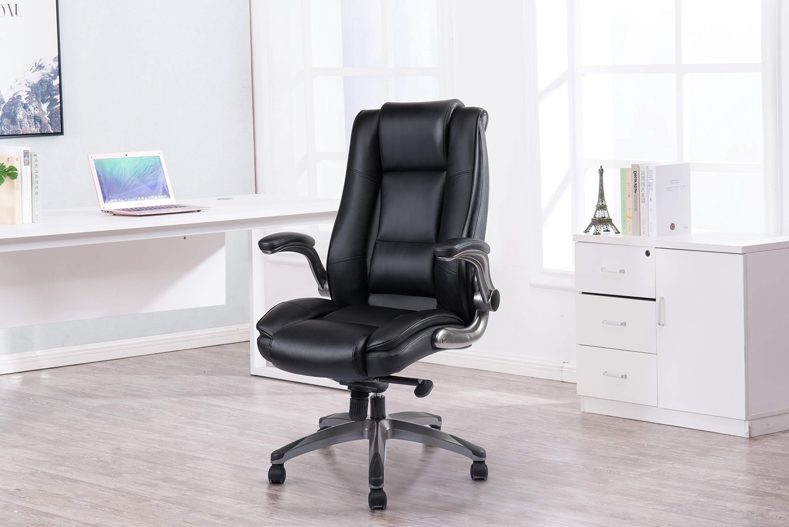 REFICCER Bonded Leather Office Chair - Adjustable Built-in Lumbar Support and Tilt Angle High Back Executive Computer Desk Chair for Office Workers & Students (Black)