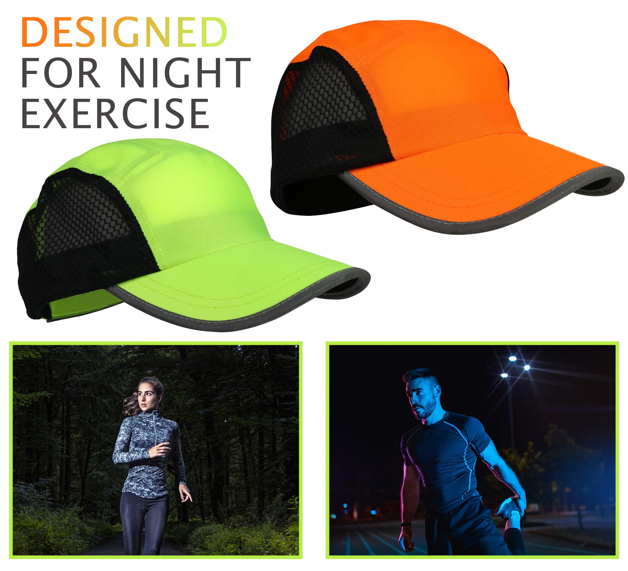 Reflective Running Hat 2pack for Men and Women Reflective Gear for Night Safety Great for Jogging, Sports and Outdoors | Mesh Panel for Breathability, Quick Dry, Lightweight, (Orange/Green)