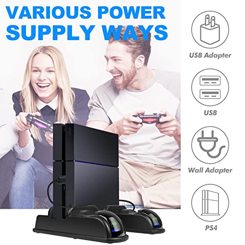 PS4 Stand Cooling Fan Station for Playstation 4/PS4 Slim/PS4 Pro, PS4 Vertical Stand with Dual Controller Port Charger Dock Station, USB Fast Charging Station with LED Indicator,12 Game Slots