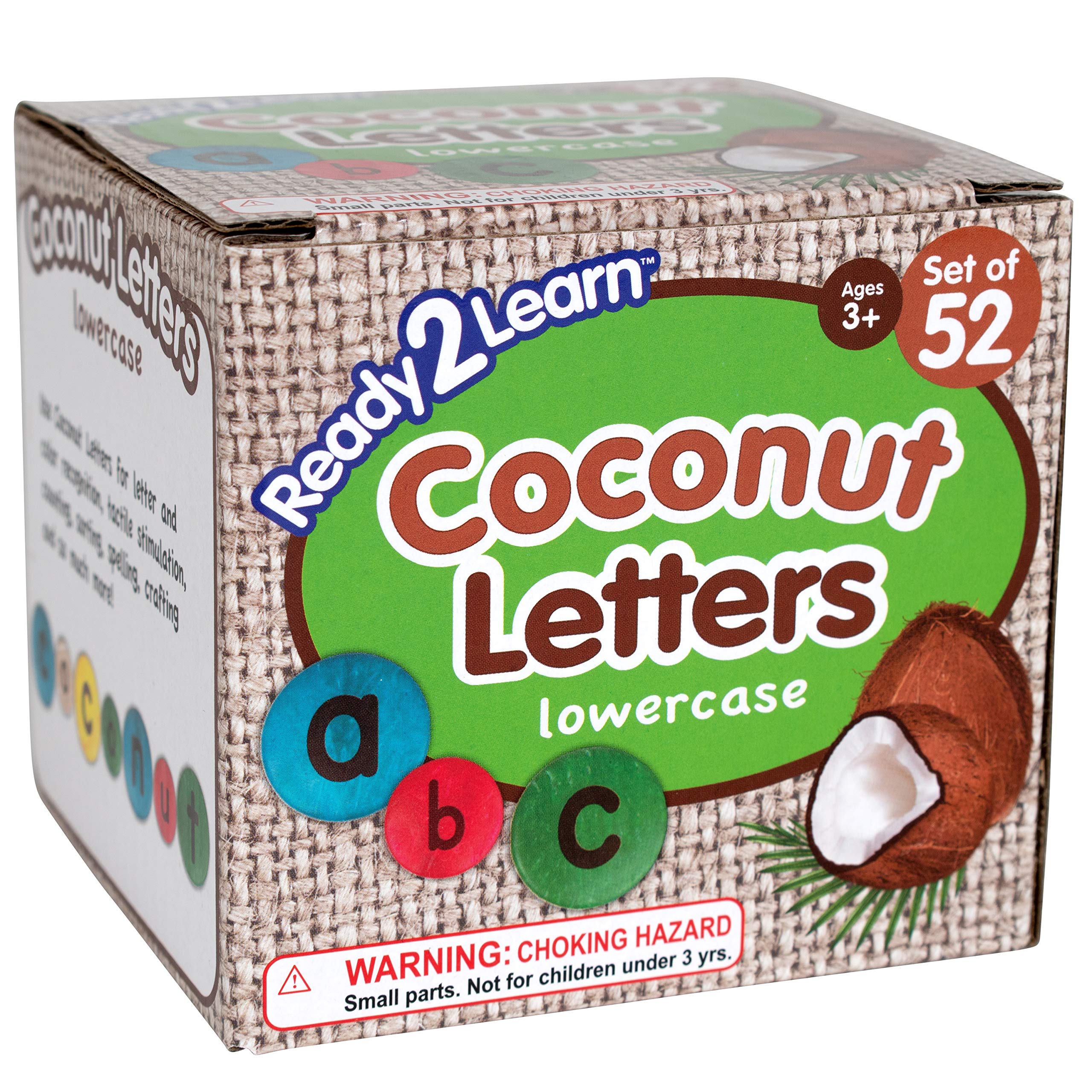 READY 2 LEARN Coconut Letters - Lowercase - Set of 52 - Natural, Hand Made Counters for Kids - Use for Crafts and Spelling Activities