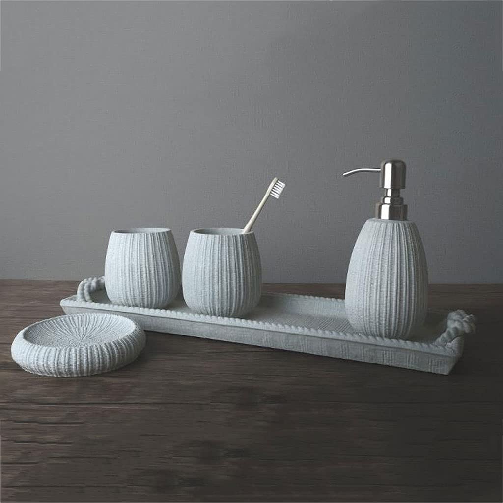 Soap Dispenser Artificial Stone Decorative Bathroom Accessories Set 5Pcs- Includes Hand Soap Dispenser Mouthwash Cup Soap Dish and Tray,Elegant Bathroom Accessories Bathroom Soap Dispenser (C b)
