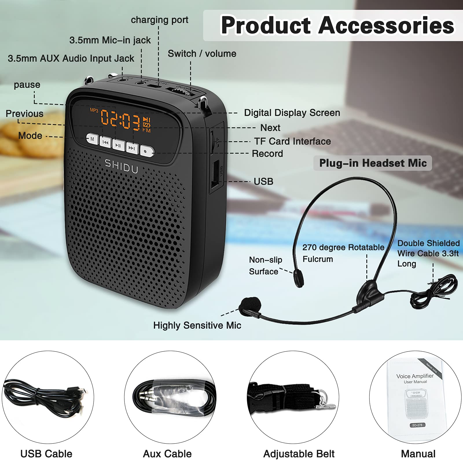 Portable Mini Voice Amplifier Wired Headset Microphone Speaker Set for Teachers 15W Rechargeable Lightweight Personal Mic for Classroom,Tour Guides,Instructors and Presentation