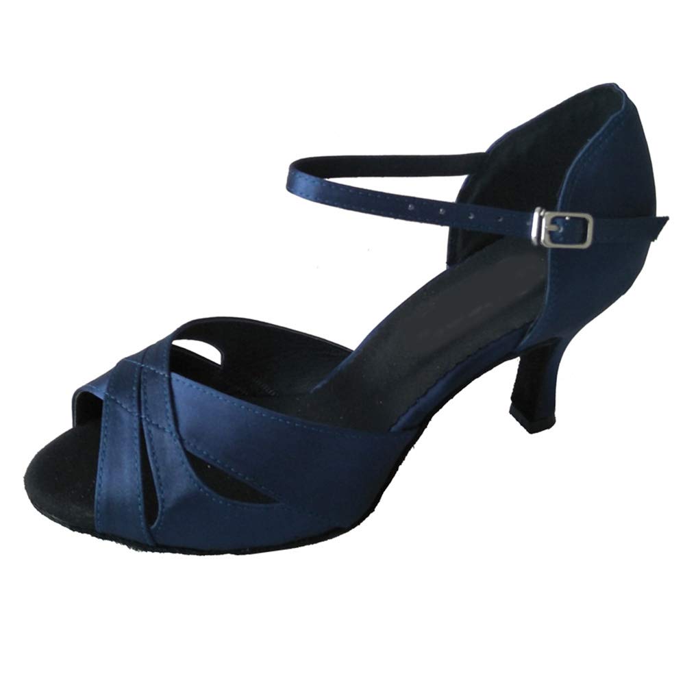 Womens Latin Salsa Dance Shoes 3 Inches Flared Heel Open Toe Ballroom Party Soft Sole Professional Indoor Satin Dancing Sandals (Navy, Numeric_6)
