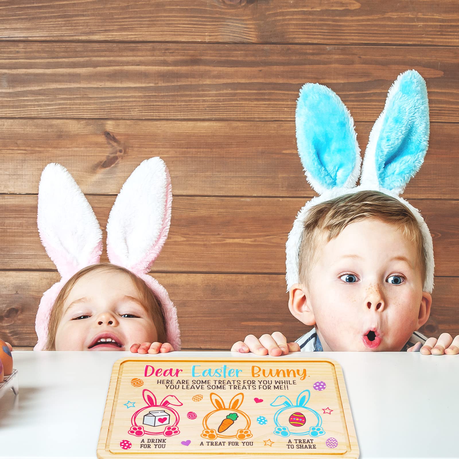 Whaline Easter Cookie Plate Dear Easter Bunny Wooden Cookie Tray Easter Egg Carrot Drink Wooden Treat Plate Rectangle Easter Tray Bundle for Easter Gifts Decoration Supplies, 11.8x7.8 Inch