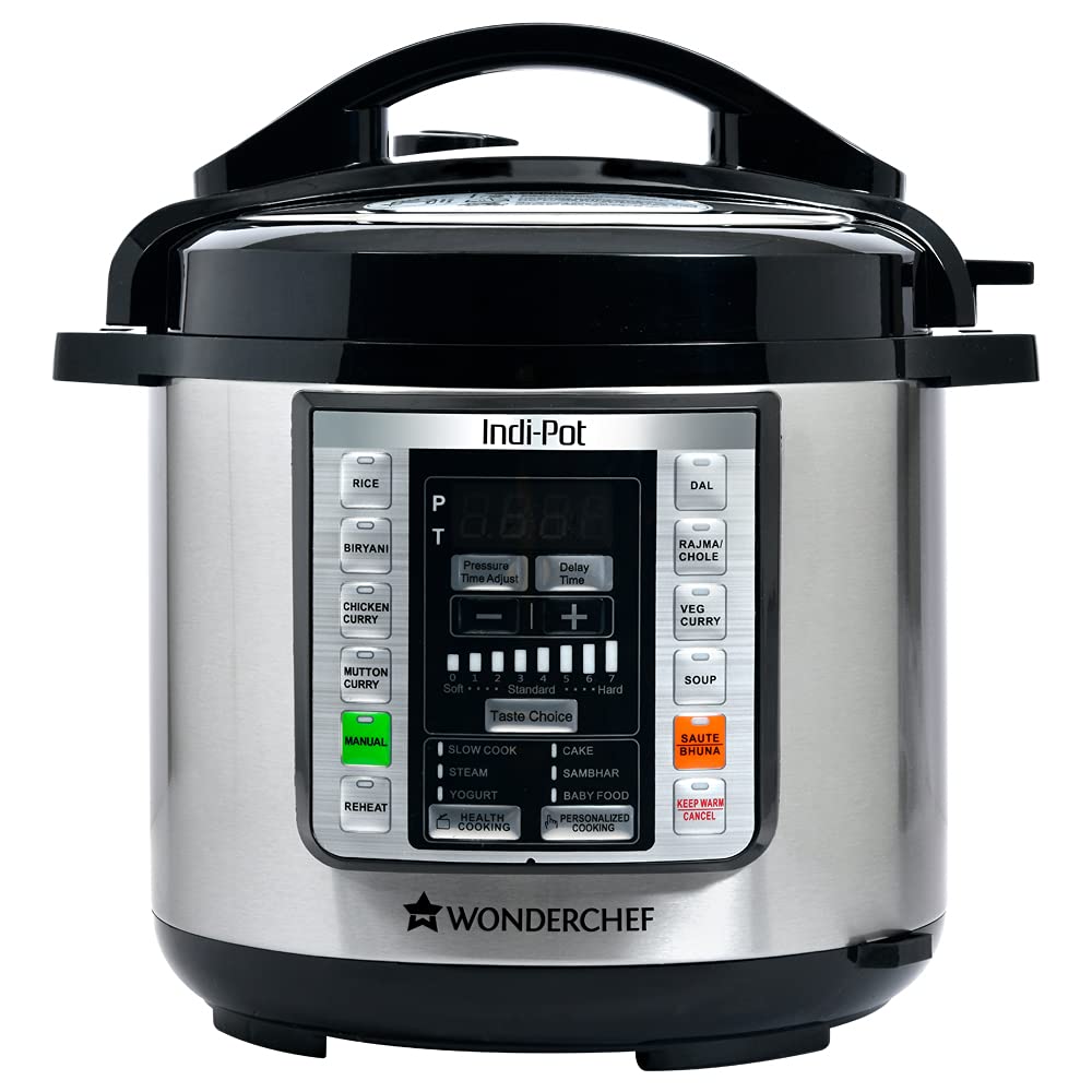 Wonderchef 6 Quart Indian Cooking Multi-use Programmable 7-in-1 Stainless Steel Pressure Cooker, Steamer, Yogurt Maker, Sauté, Rice Cooker, Warmer and Slow Cooker; 6-quarts