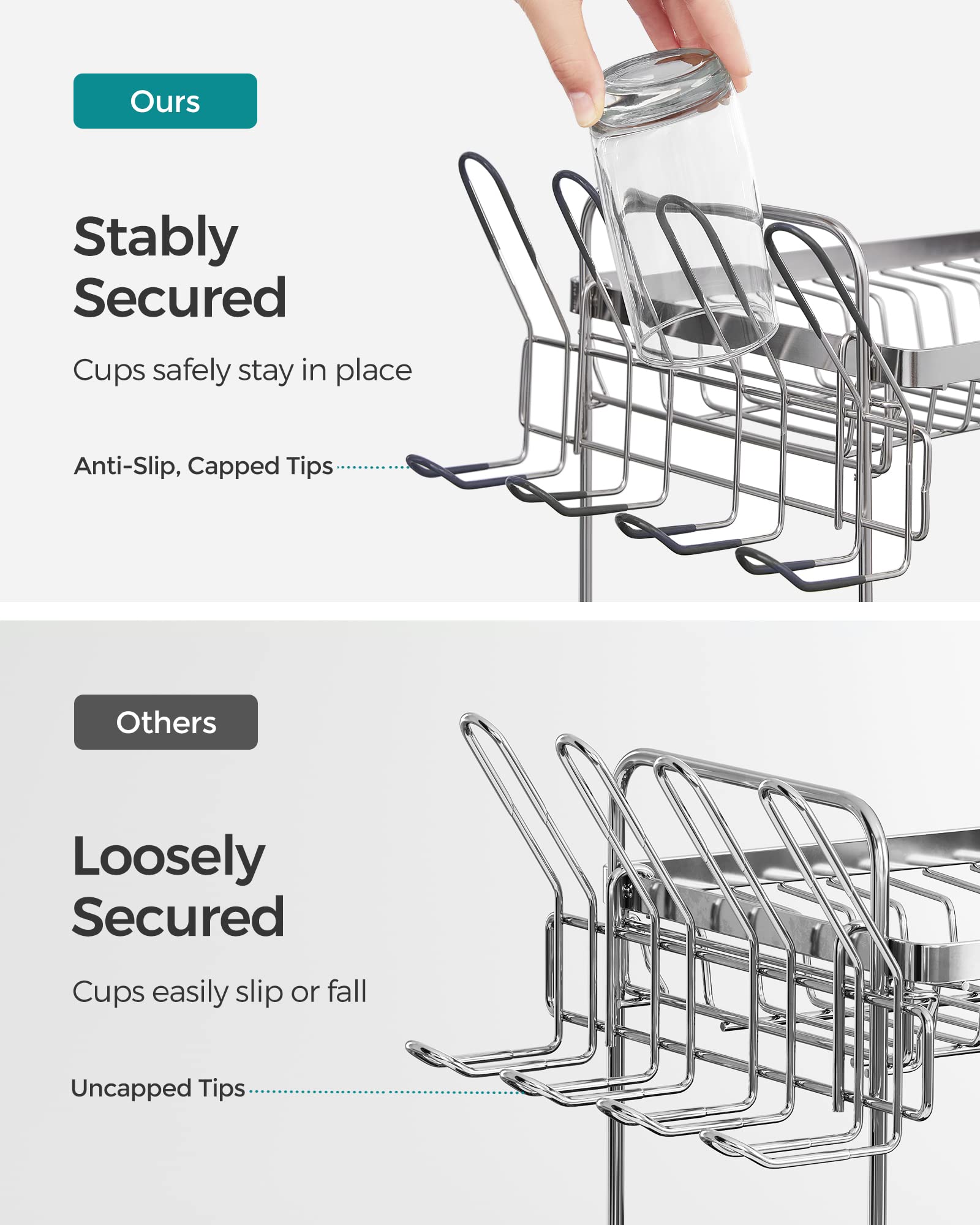 SONGMICS Dish Drying Rack - 2 Tier Dish Rack for Kitchen Counter with Rotatable and Extendable Drain Spout, Dish Drainer with Utensil, Cup, Glass, Cutting Board Holders, Black UKCS032B01