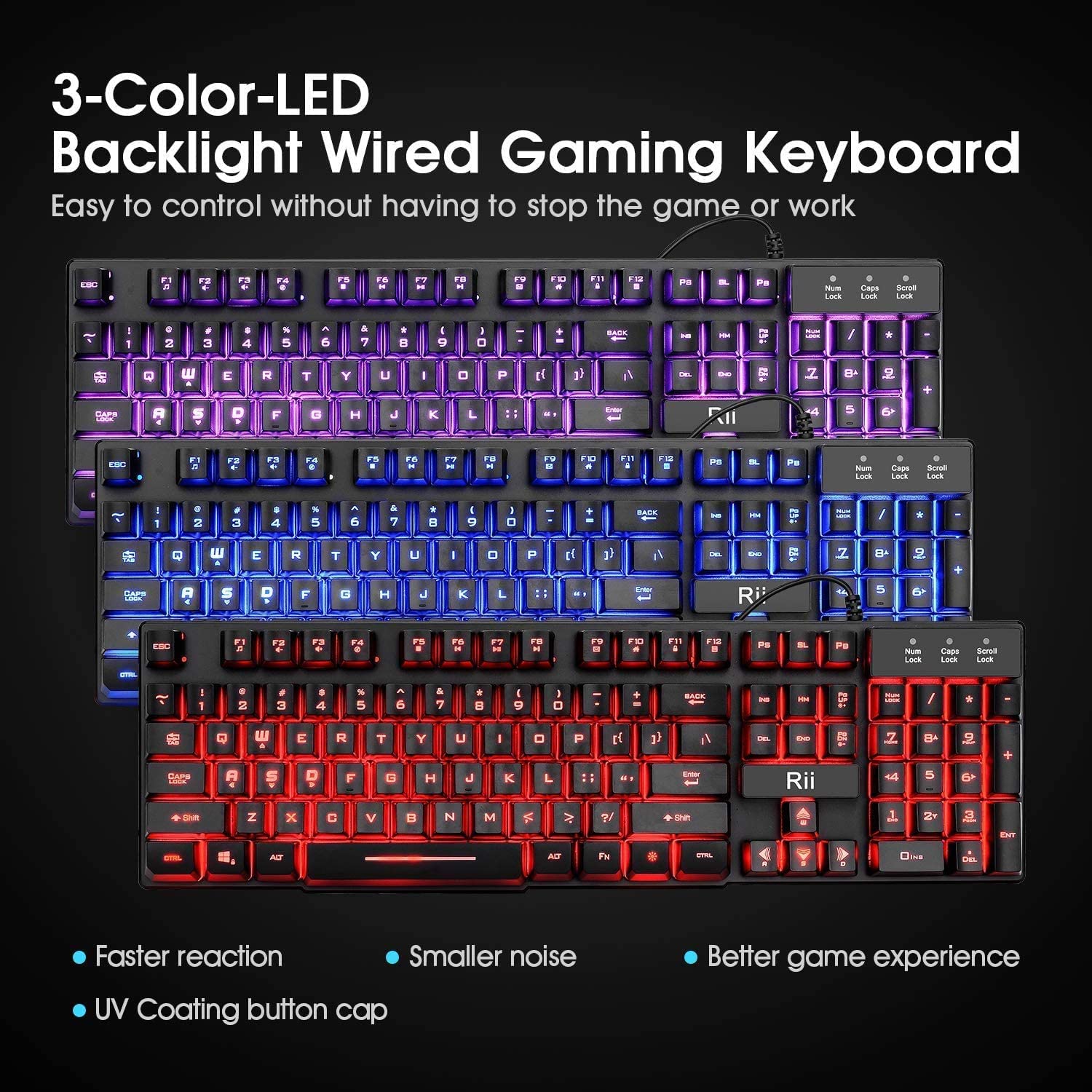 Rii Gaming Keyboard and Mouse Set, 3-LED Backlit Mechanical Feel Business Office Keyboard Colorful Breathing Backlit Gaming Mouse for Working or Primer Gaming,Office Device (RK108)