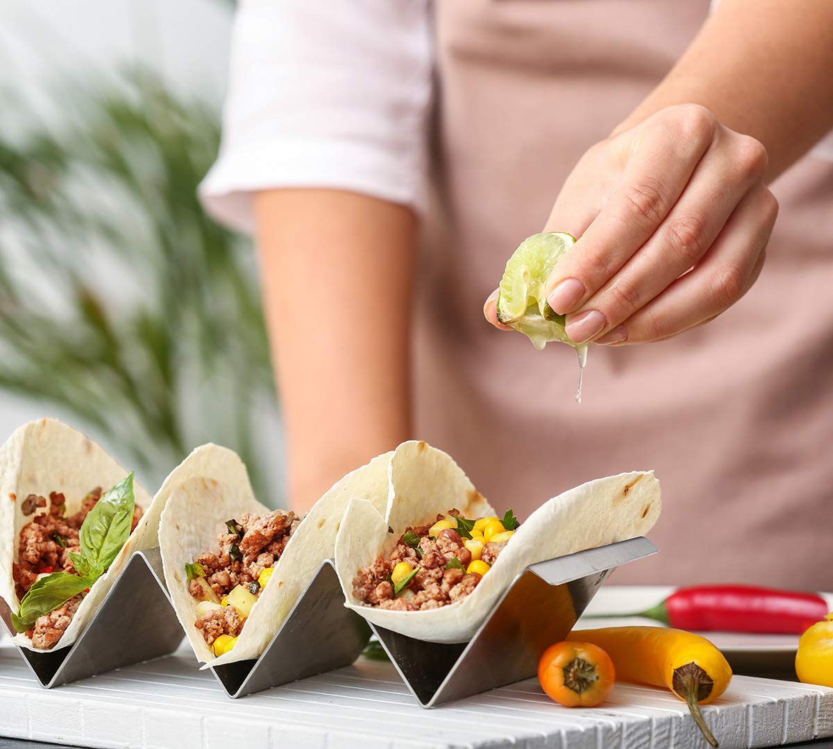 Taco Holders Stainless Steel Set of 2 for Taco Tuesday Taco Night - Sturdy, Easy to Clean & Restaurant Quality Taco Holder Stand - Taco Stands for 3 Tacos - Holds Large Small Hard Soft Shell - 2 Packs