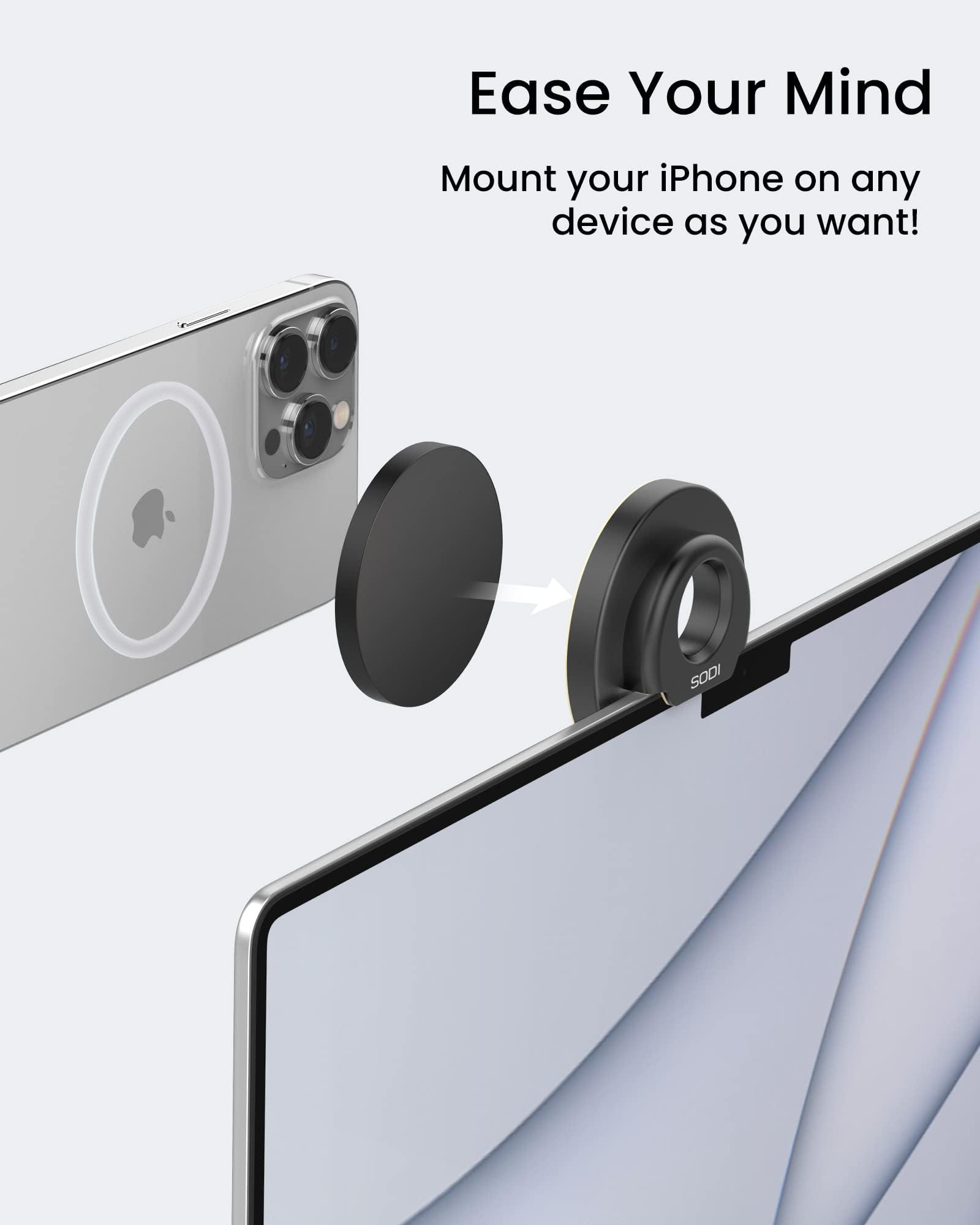 SODI Continuity Camera Mount for Desktop Monitor & iMac - iPhone Webcam Mount for MacBook with Mag-Safe Compatible, Tilt for Desk View, Magnetic Phone Stand for iPhone 15/14/13/12, Mac OS Ventura