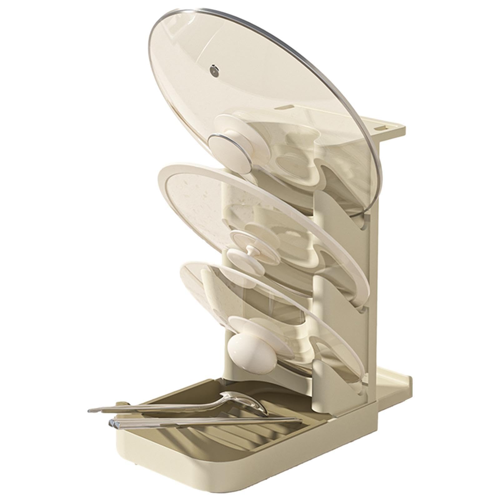 Pot Lid Holder, 11x7in Pan Lid Organizer Rack, Rust Proof Chopping Board Organizer Stand with Detachable Drain Tray, Space Saving Dish Plate Storage Organizer for Kitchen Countertop Cabinet