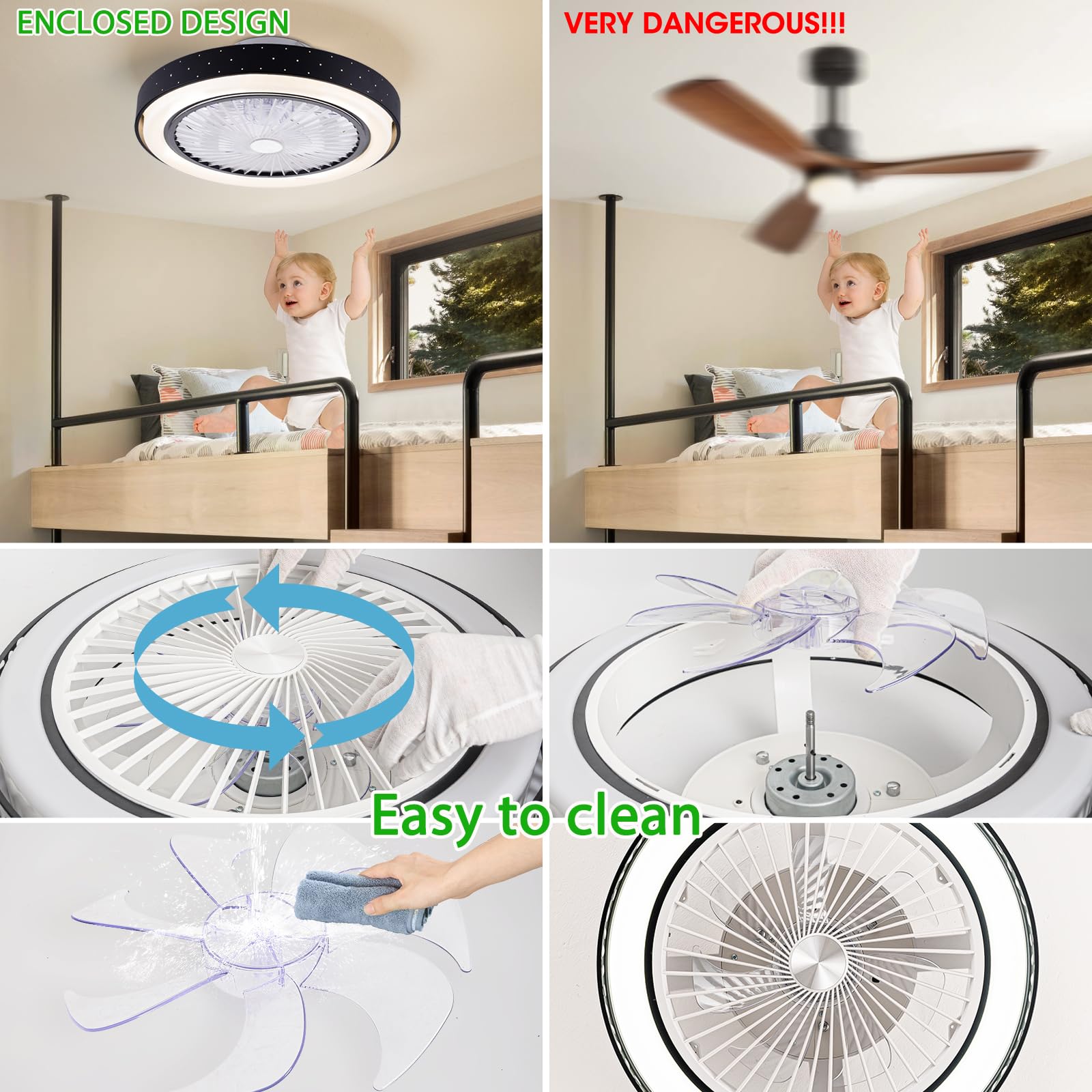 POWROL Ceiling Fans with Lights Bladeless Low Profile Remote Control Enclosed Ceiling Fan LED 3 Colors Dimming 3 Speed 19''Flush Mount Fan Light Iron Black Timer 1H/2H for Bedroom