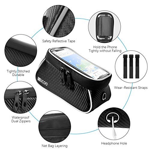 SlicooWaterproof Bicycle Bag, Bike Front Frame Bag Holds iPhones & Android Below 6.0'', Bicycle Smartphone Handlebar mounts with Sensitive Touchscreen, Cycling Accessories for Adult Bikes