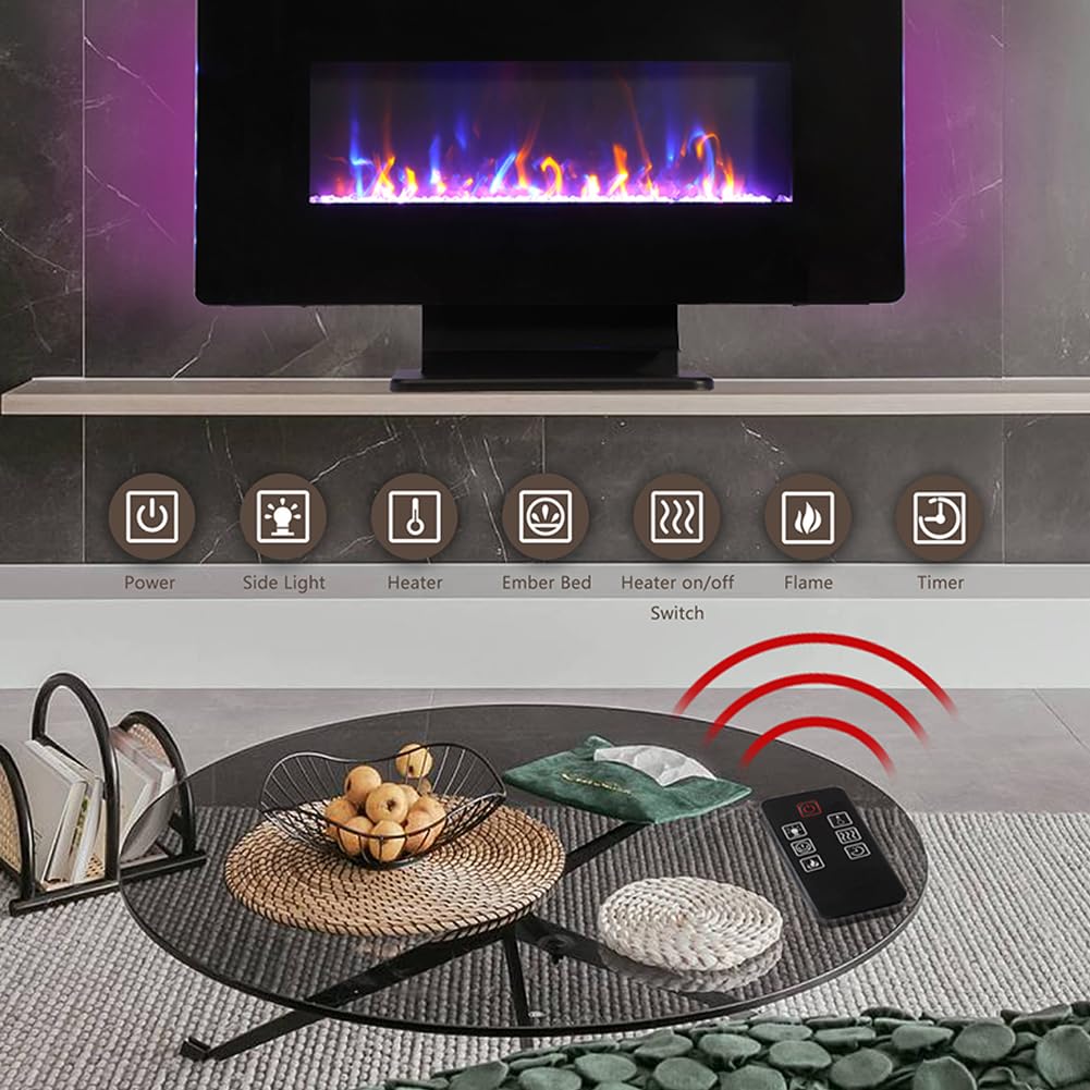 SLifet 36 Inch Curved Front Electric Fireplace,Freestanding Wall Mounted LED Fireplace Heater with Remote Control and Overheat Protection for Living Room Bedroom Office