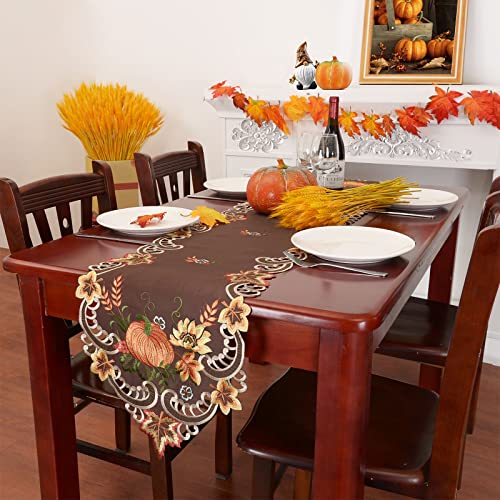 Simhomsen Brown Embroidered Thanksgiving Harvest Pumpkins Table Runners for Autumn Or Fall Decorations (14 × 69 Inches)