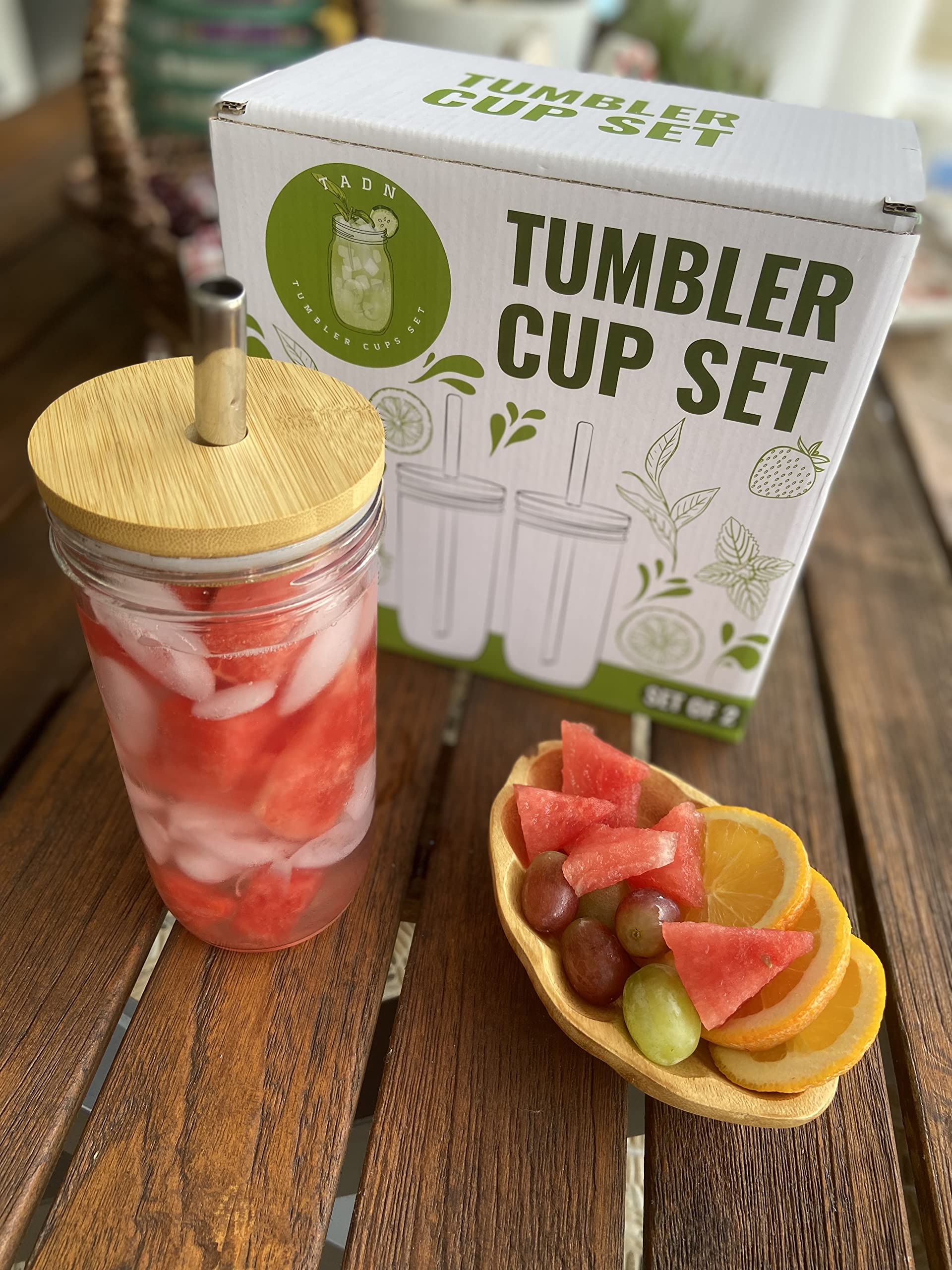TADN Tumbler Cup Set with Lids and Straws 24oz (Set of 2) Wide Mouth Drinking Glasses Cups - Modern Style - Great for Smoothie, Bubble tea, Fresh Water, Ice Coffee -Reusable