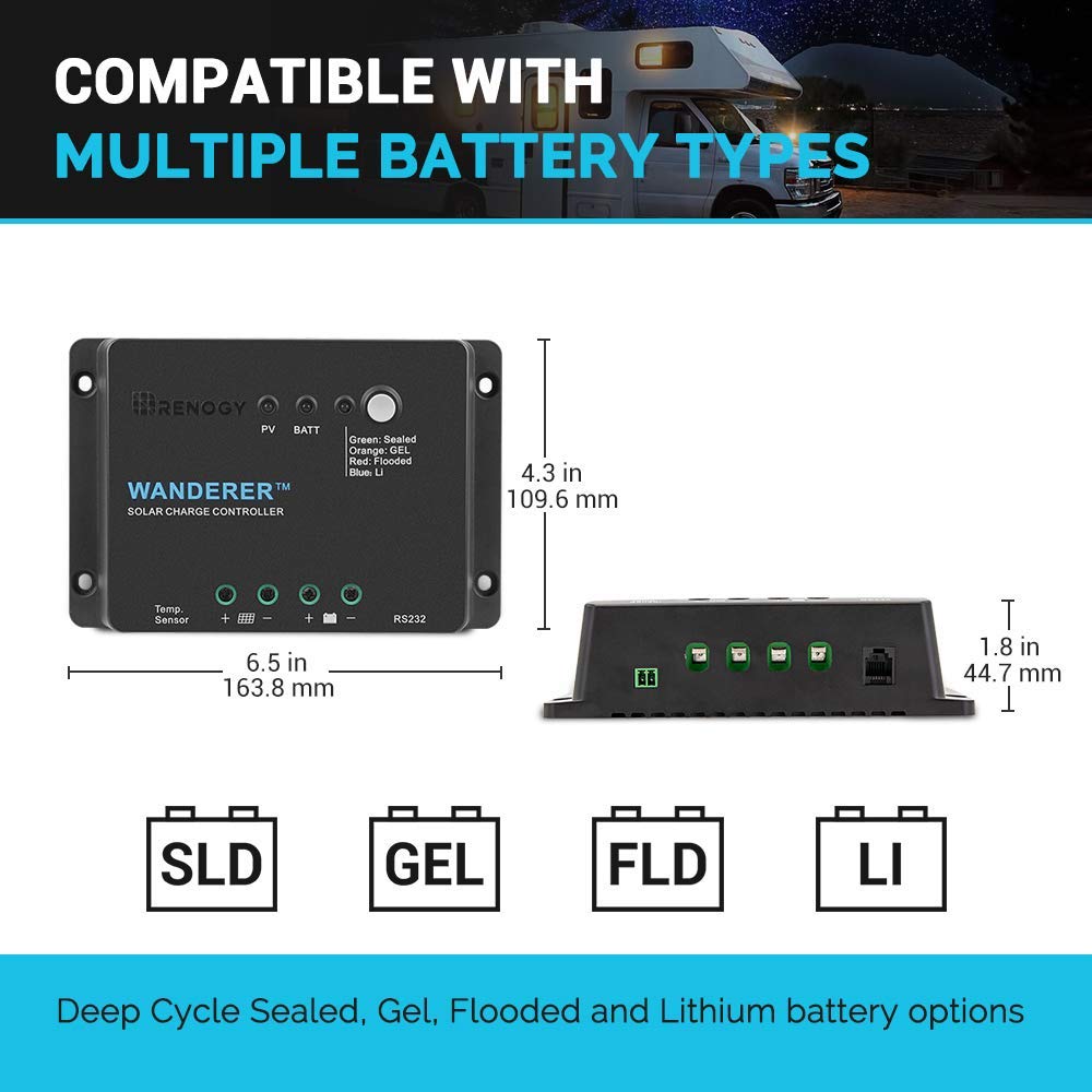 Renogy Wanderer Li 30A 12V PWM Negative Ground Charge Controller Compatible with Lithium, Sealed, Gel, and Flooded batteries and Renogy Bluetooth Module (Renewed)