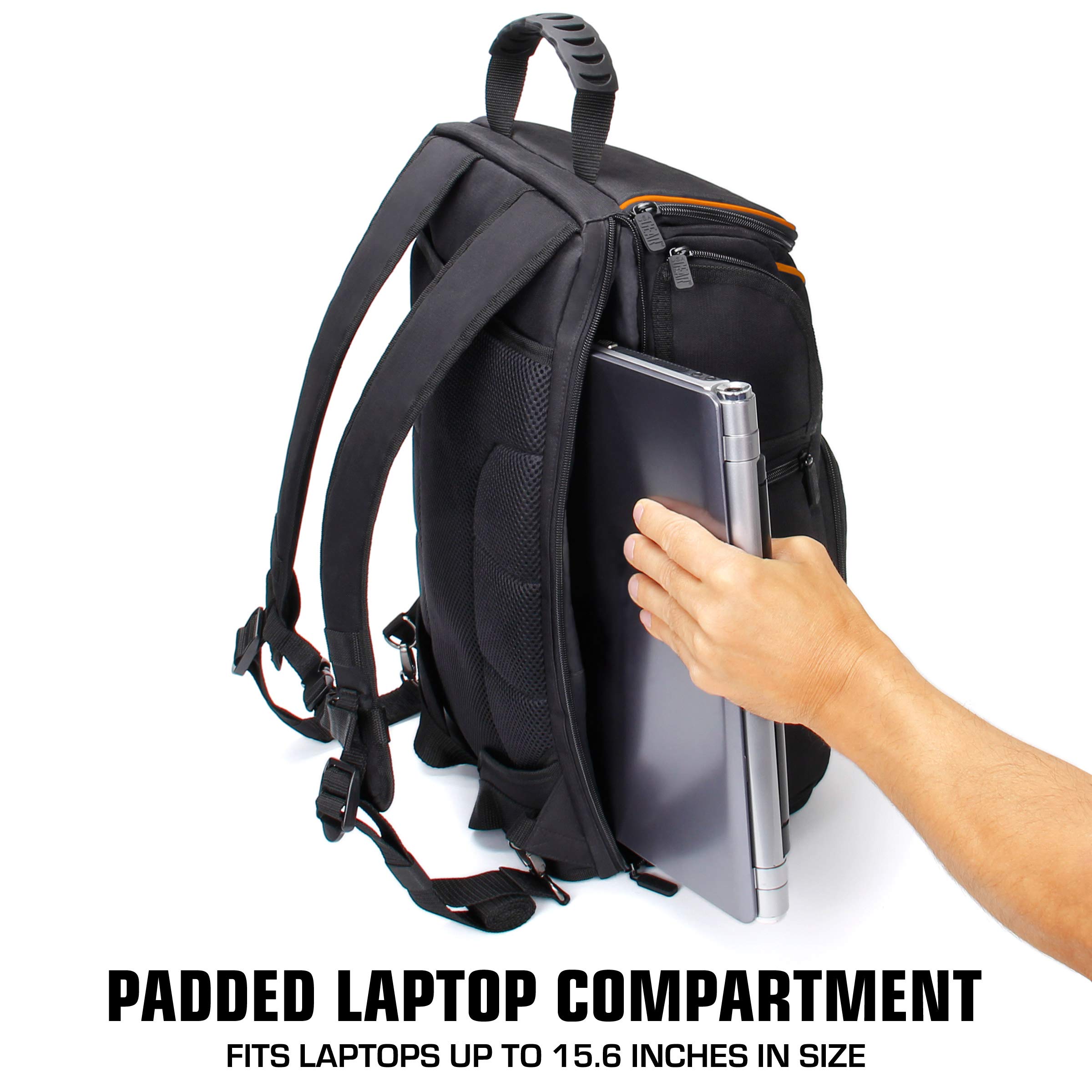 USA Gear DSLR Camera Backpack Case - 15.6 inch Laptop Compartment, Padded Custom Dividers, Tripod Holder, Rain Cover, Long-Lasting Durability and Storage Pockets - Compatible with Many DSLRs (Orange)