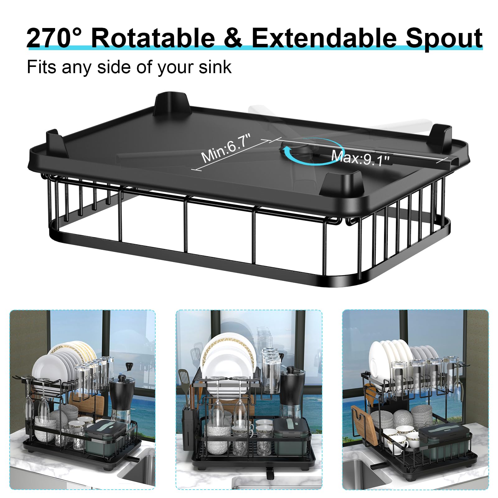 SouAny 2 Tier Dish Drying Rack with Drainboard, Large Dish Organizer and Strainer Set for Kitchen Counter with Mat, Wine Glass Holder and Utensil Holder