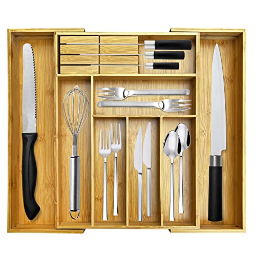 ZHOMA Bamboo Expandable Kitchen Drawer Organizer for Utensils Holder - Silverware Organizer/Utensil Holder and Cutlery Tray with Grooved Drawer Dividers - Natural
