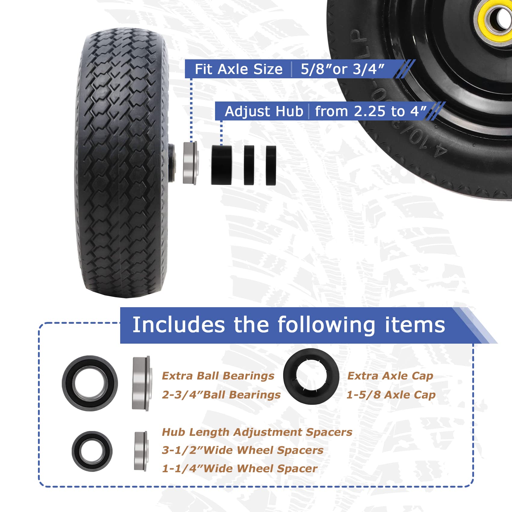 Upgraded 10" Flat Free Wheels Compatible with Garden Cart, 4.10/3.50-4" Replacement Solid Tires with 5/8″ Bearings, Solid Rubber Wheels for Garden Carts/Hand Truck-4PCS