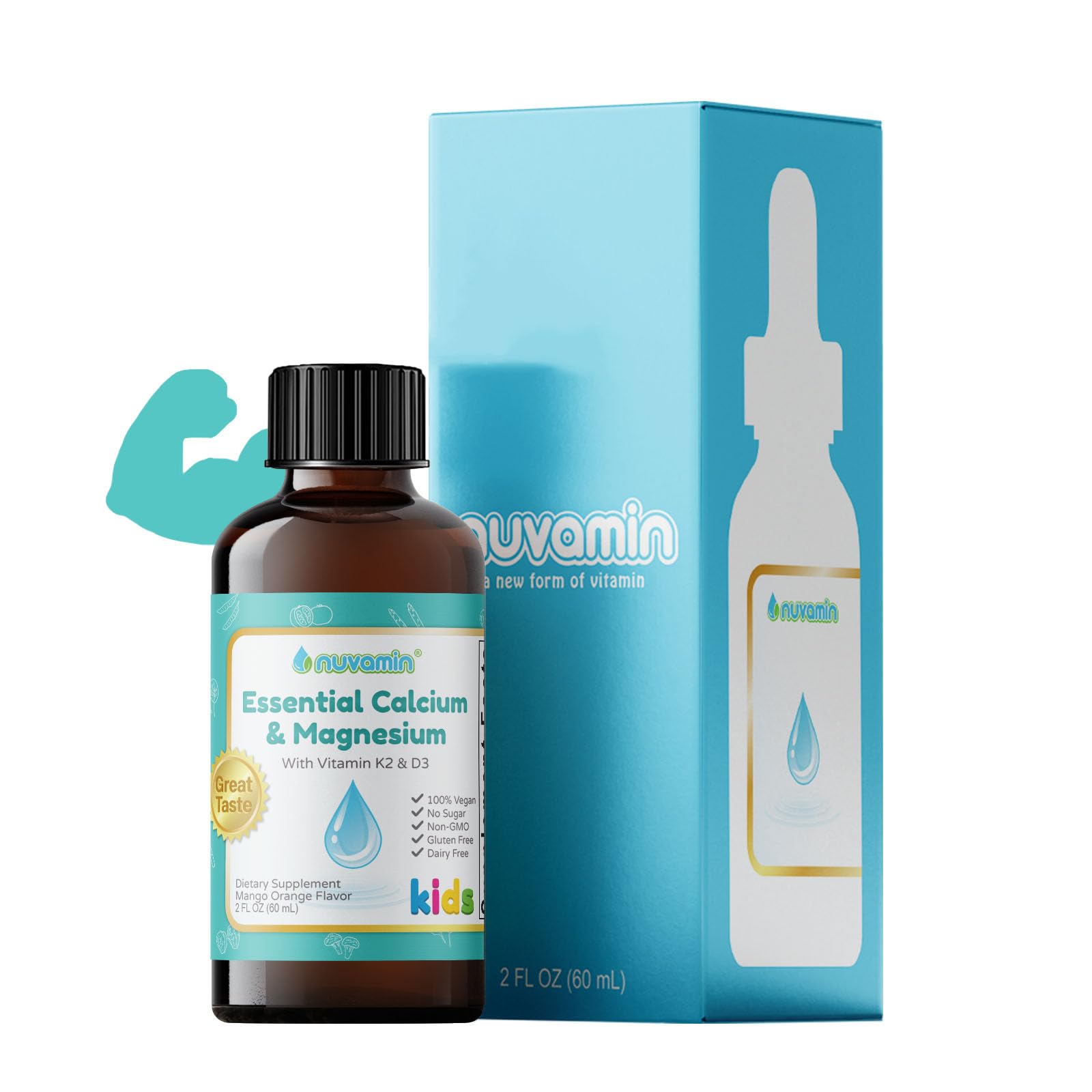 Nuvamin ā Liquid Calcium & Magnesium Drops for Baby, Toddlers, Kids, & Adults, 2Fl.Oz (60ml), 30 Daily Servings. Great Taste - All Natural - Vegan - Superior Absorption