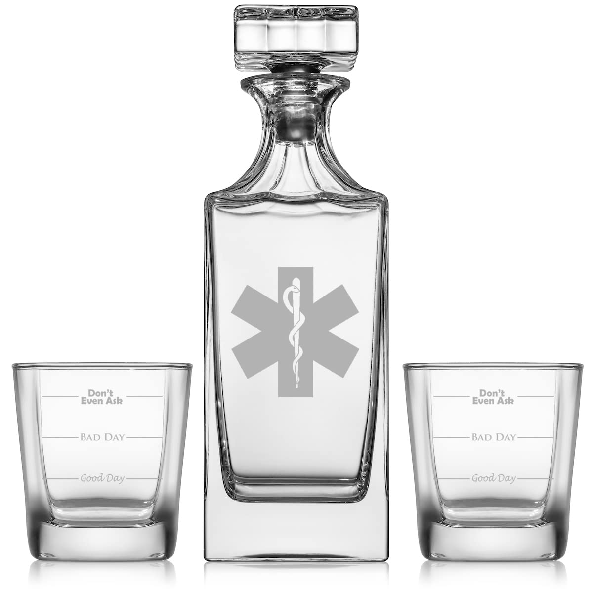 Whiskey Decanter Gift Set With 2 Whiskey Old Fashioned Rocks Glasses Star of Life EMT Paramedic Good Day Bad Day Don't Even Ask Fill Lines Funny