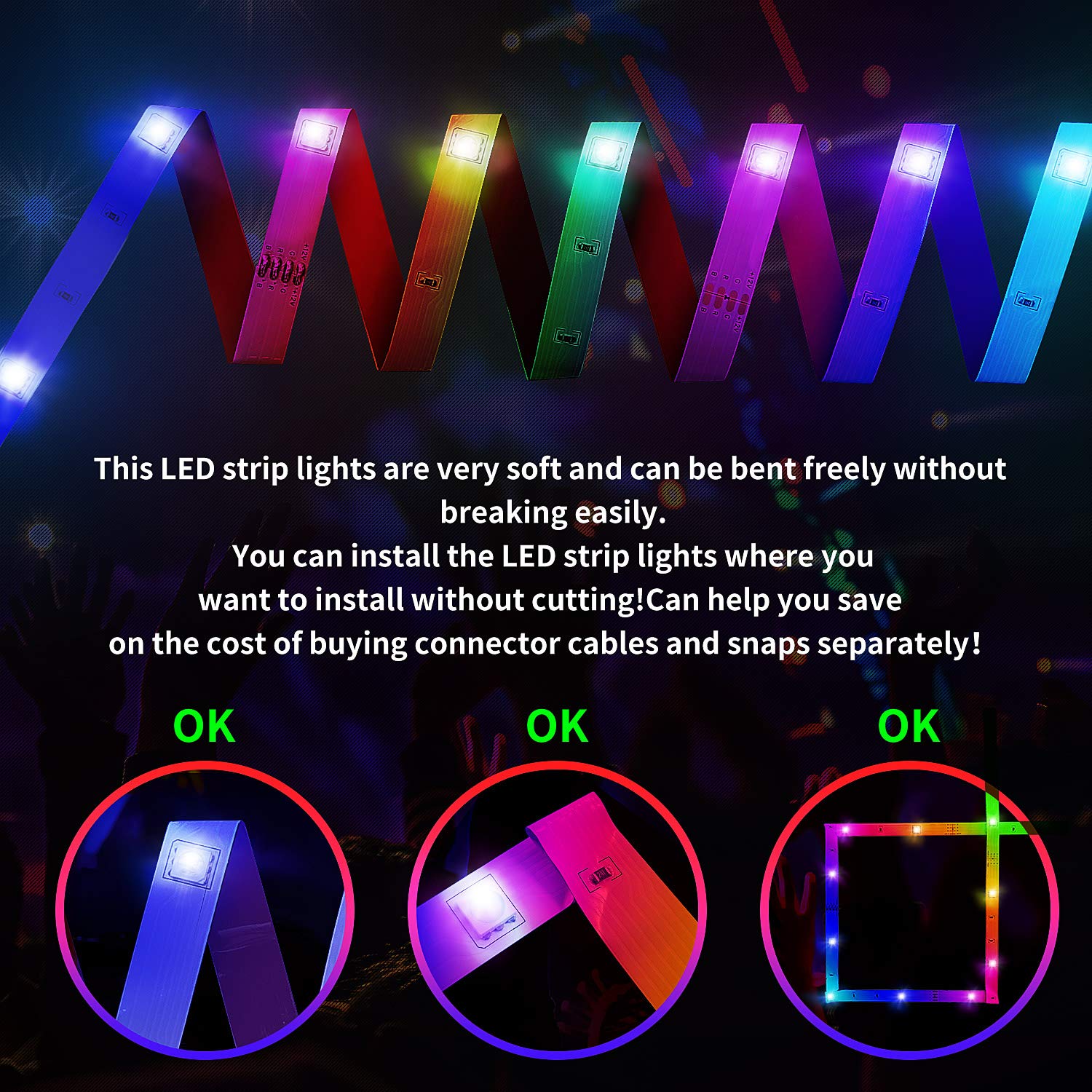 REYSURPIUS 65.6ft LED Strip Lights Kit, Music Sync Color Changing 5050 RGB Strip Lights,App Control and 24Key Remote Controller Control,for Bedroom,Party,Game Room