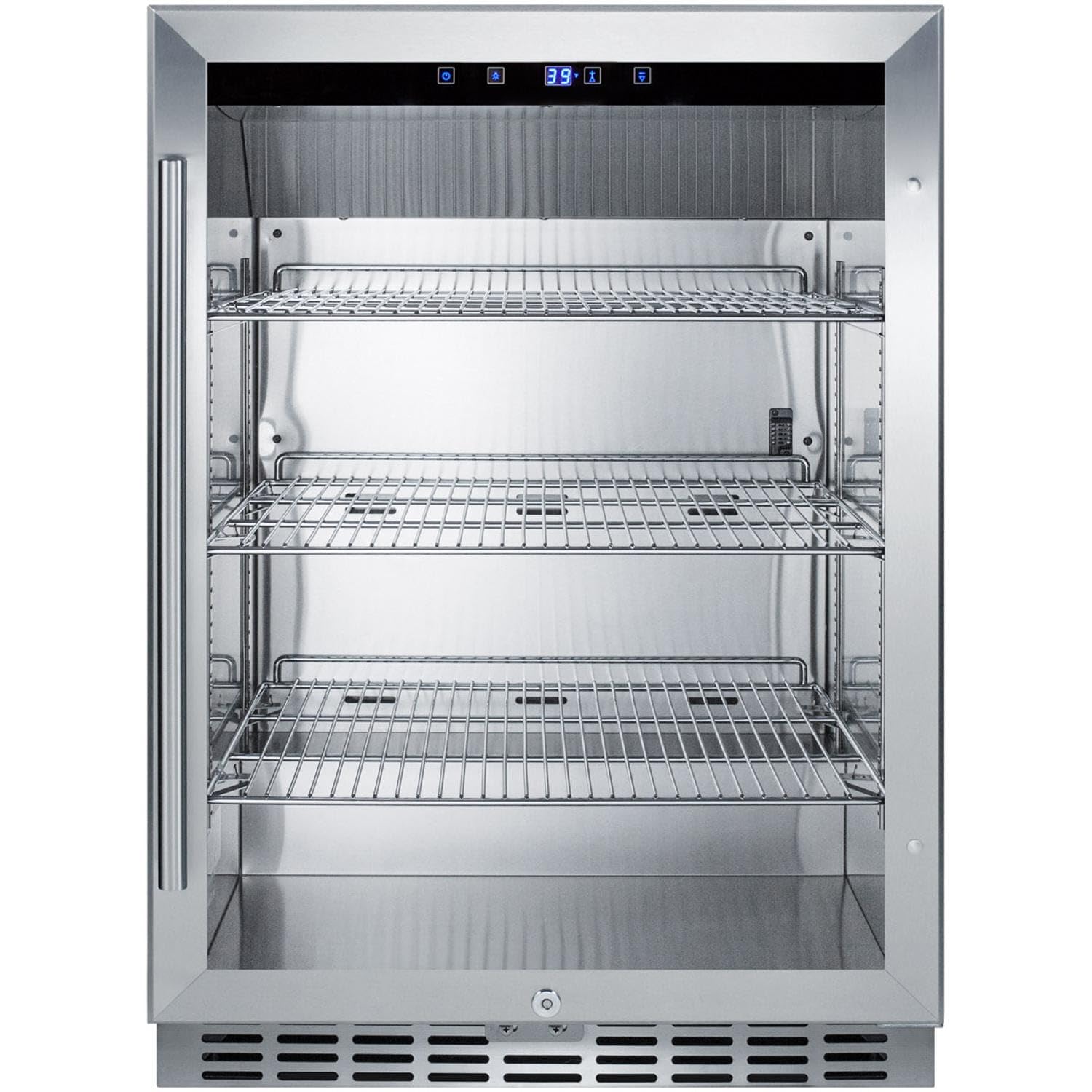 Summit SCR611GLOS 24 Commercial Outdoor Beverage Center with 5 cu. ft. Capacity Automatic Defrost Glass Door LED Lighting Reversible Door in Stainless Steel