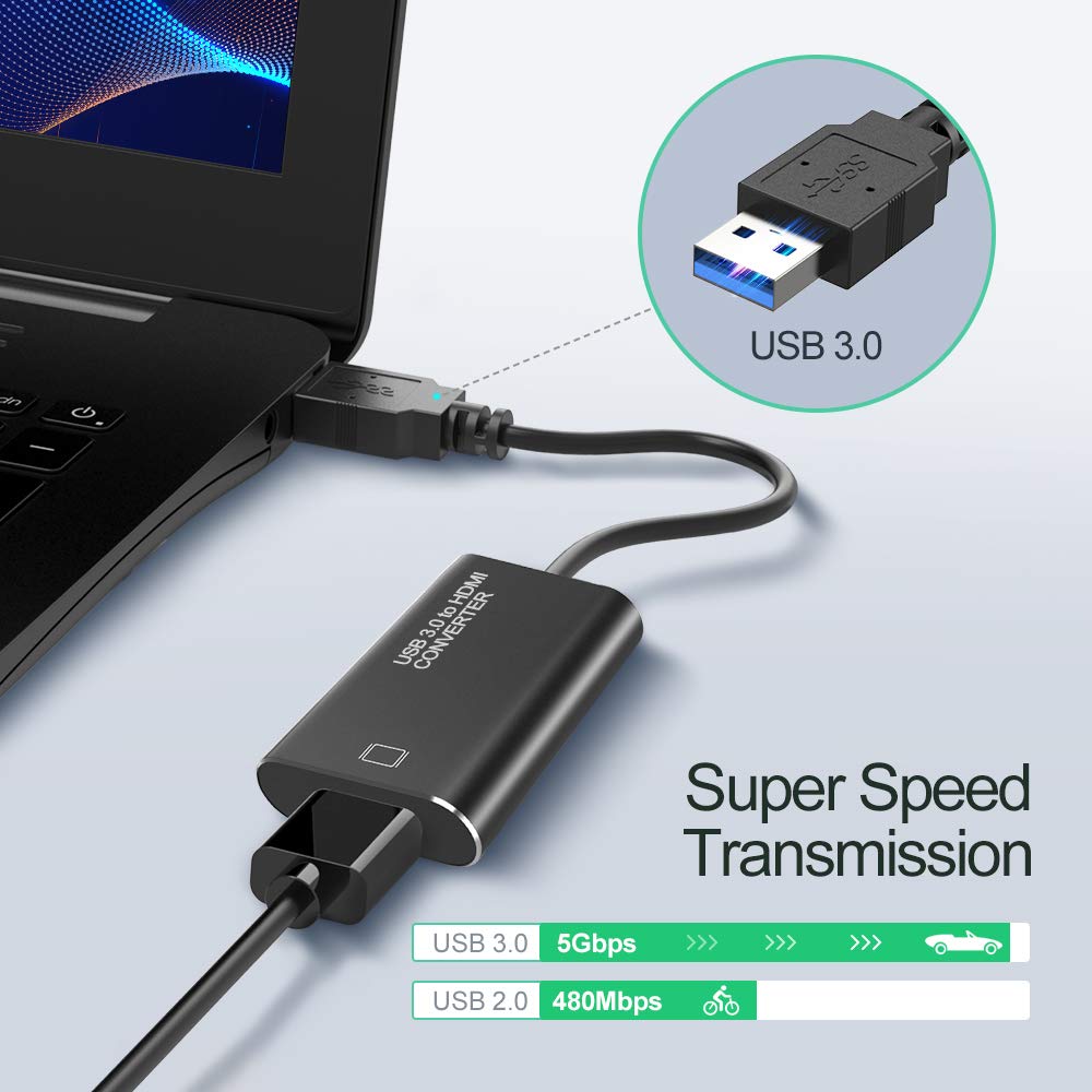 RayCue USB to HDMI Adapter, 1080P HD Audio Video Cable Converter, USB 3.0/2.0 to HDMI for Multiple Monitors, Compatible with Windows XP/10/8.1/8/7 (Not Support Mac, Linux, Vista, Chrome)