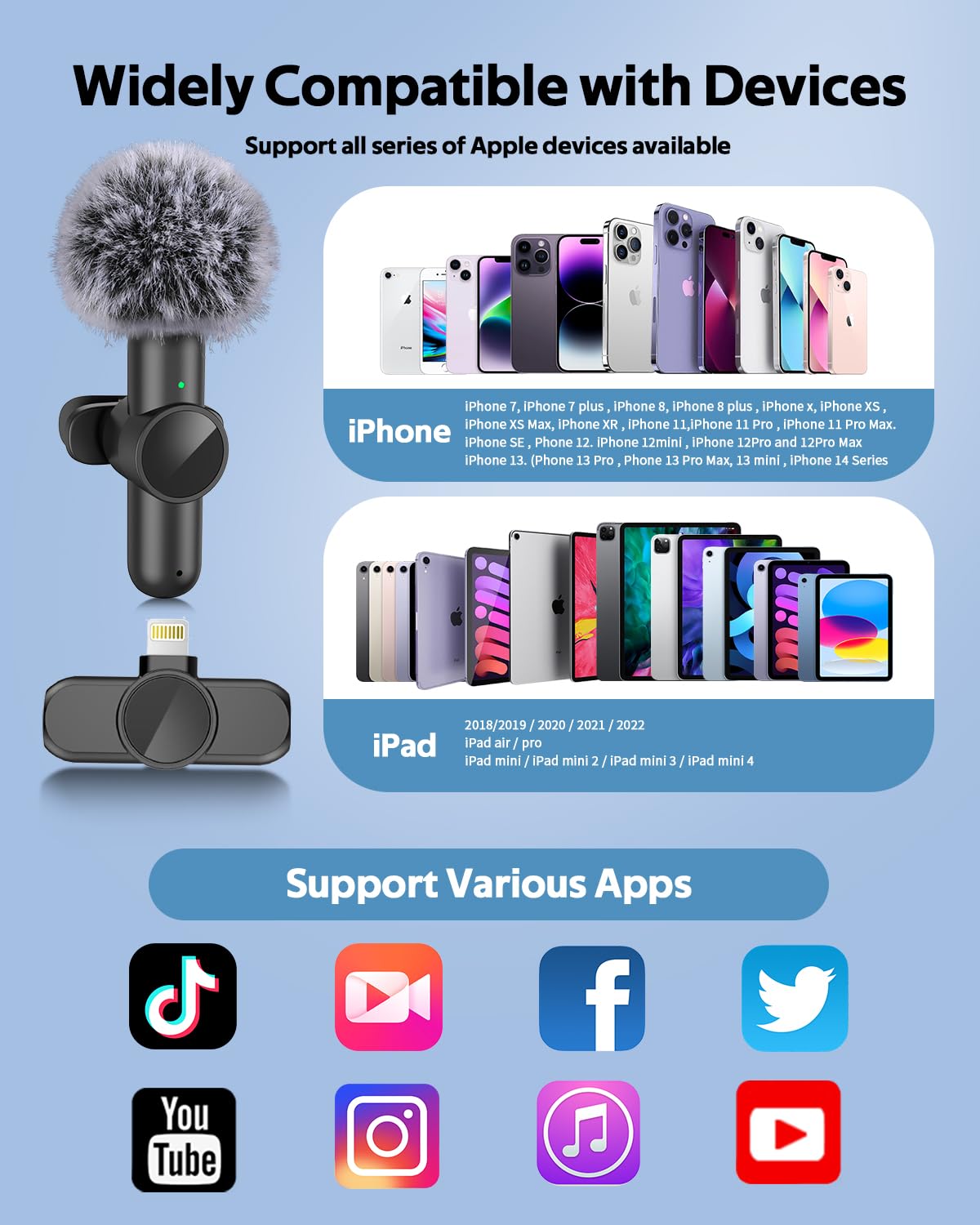 PUSEALON Wireless Lavalier Microphone for iPhone iPad, Professional Tiny Omnidirectional Cordless Lapel Microphone Wireless for iPhone Recording YouTube Interview TikTok Podcast