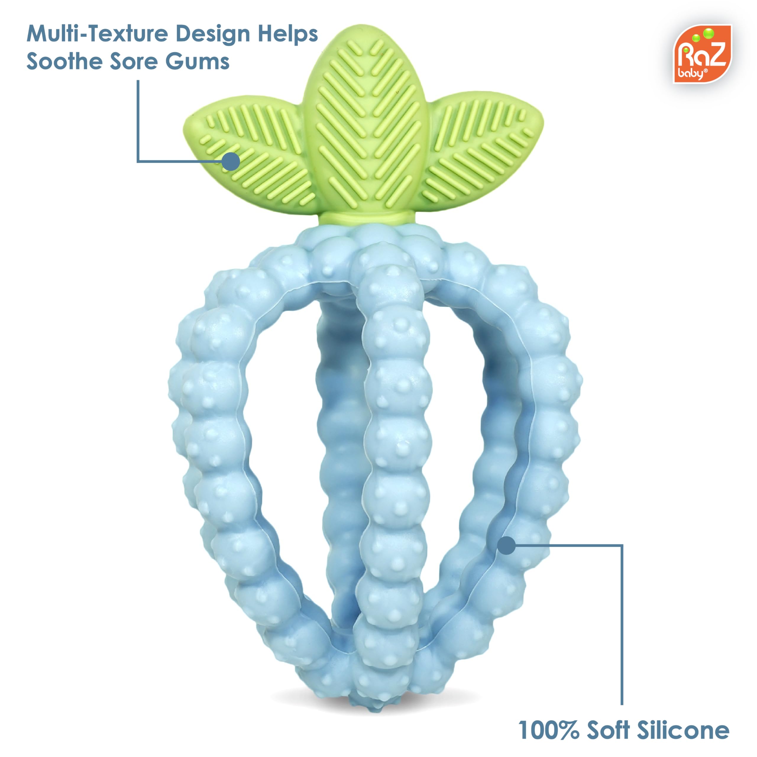 RaZbaby Silicone Infant & Baby Teething Toy, Textured BerryBumps Soothe Babies’ Sore Gums, RaZberry Bites Relief Teether, Back & Front Teeth, BPA Free, Easy to Hold, Fruit Shape for Babies 3M+ - Blue